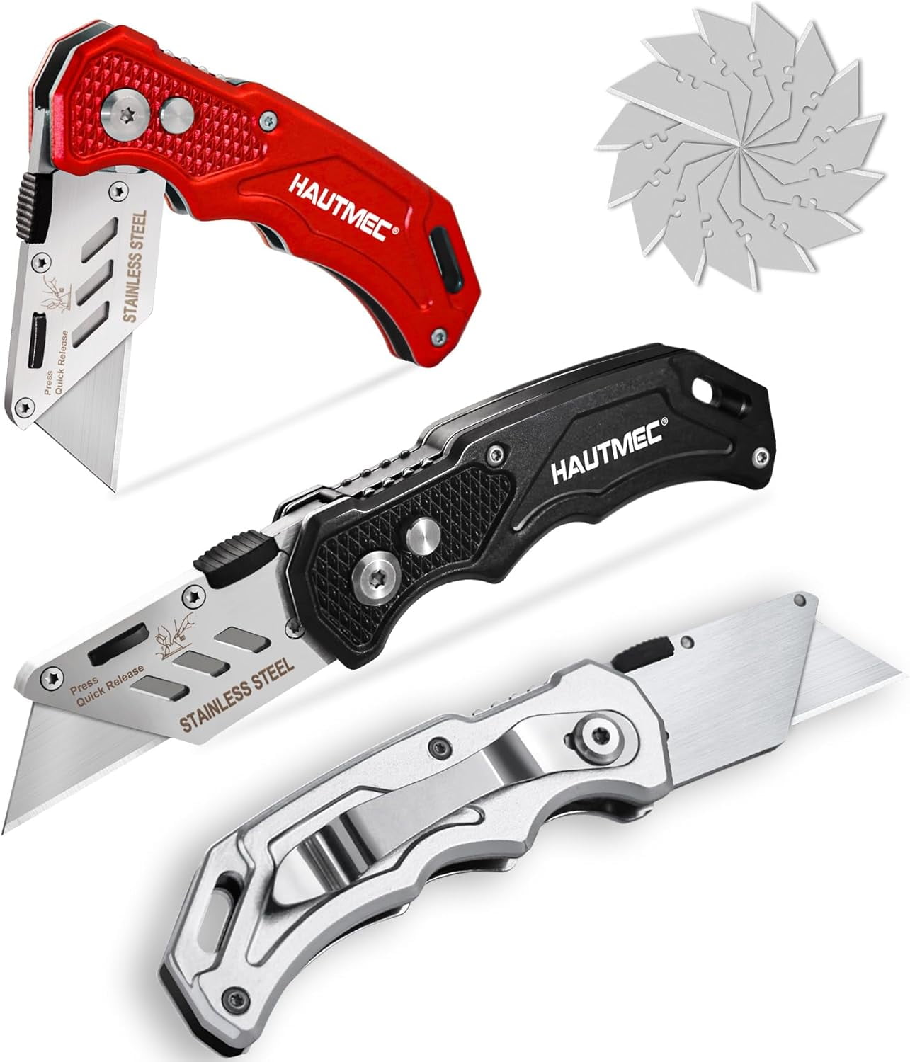 3-Pack Folding Utility Knife, Heavy-Duty Aluminum Box Cutter with Quick ...