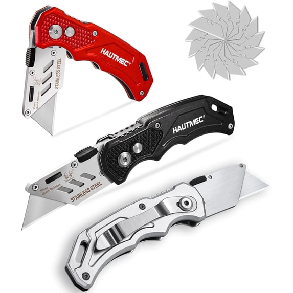 3-Pack Folding Utility Knife, Heavy-Duty Aluminum Box Cutter with Quick ...