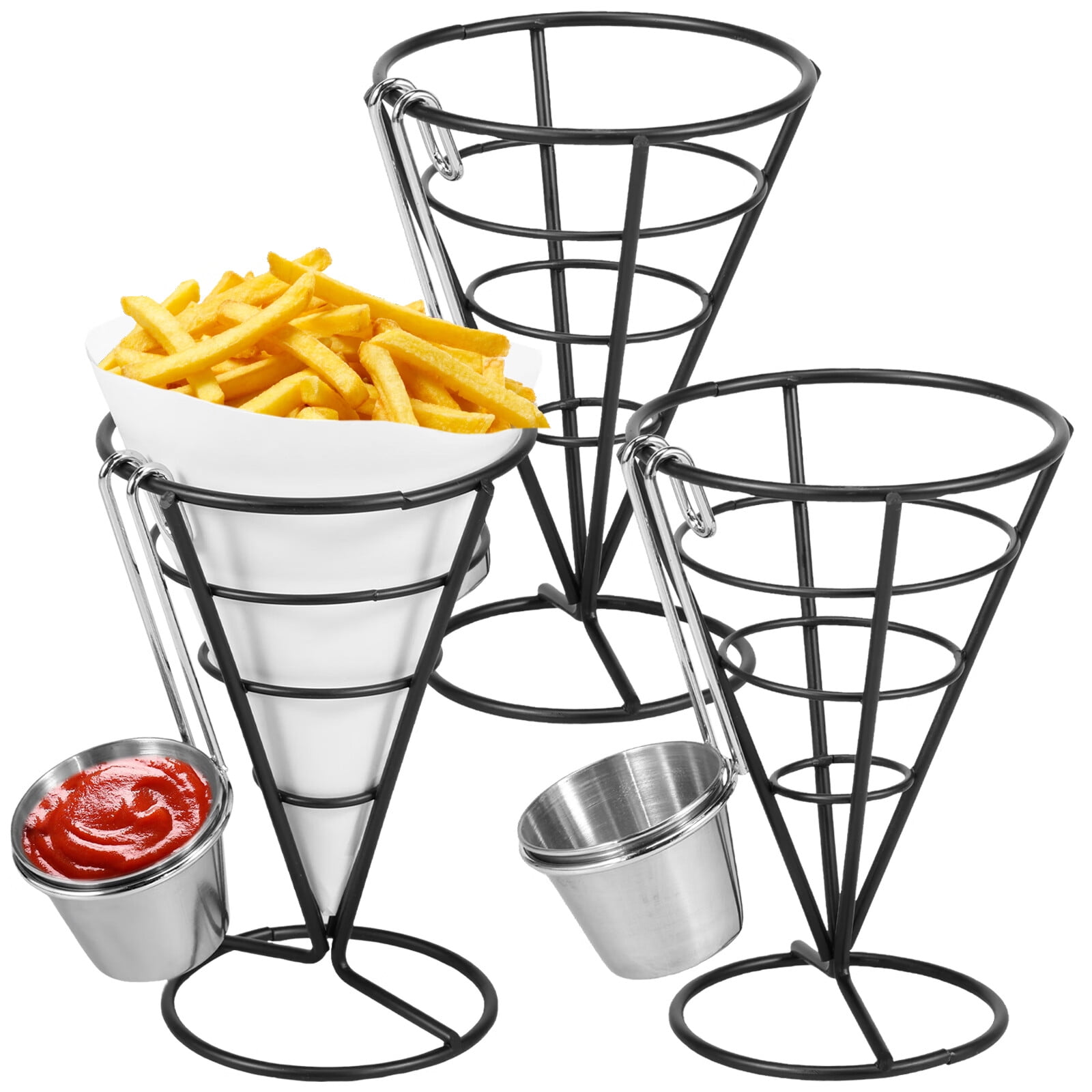 3 Pack French Fries Stand,Chip Cone Basket with Sauce Dipper,Metal Wire ...