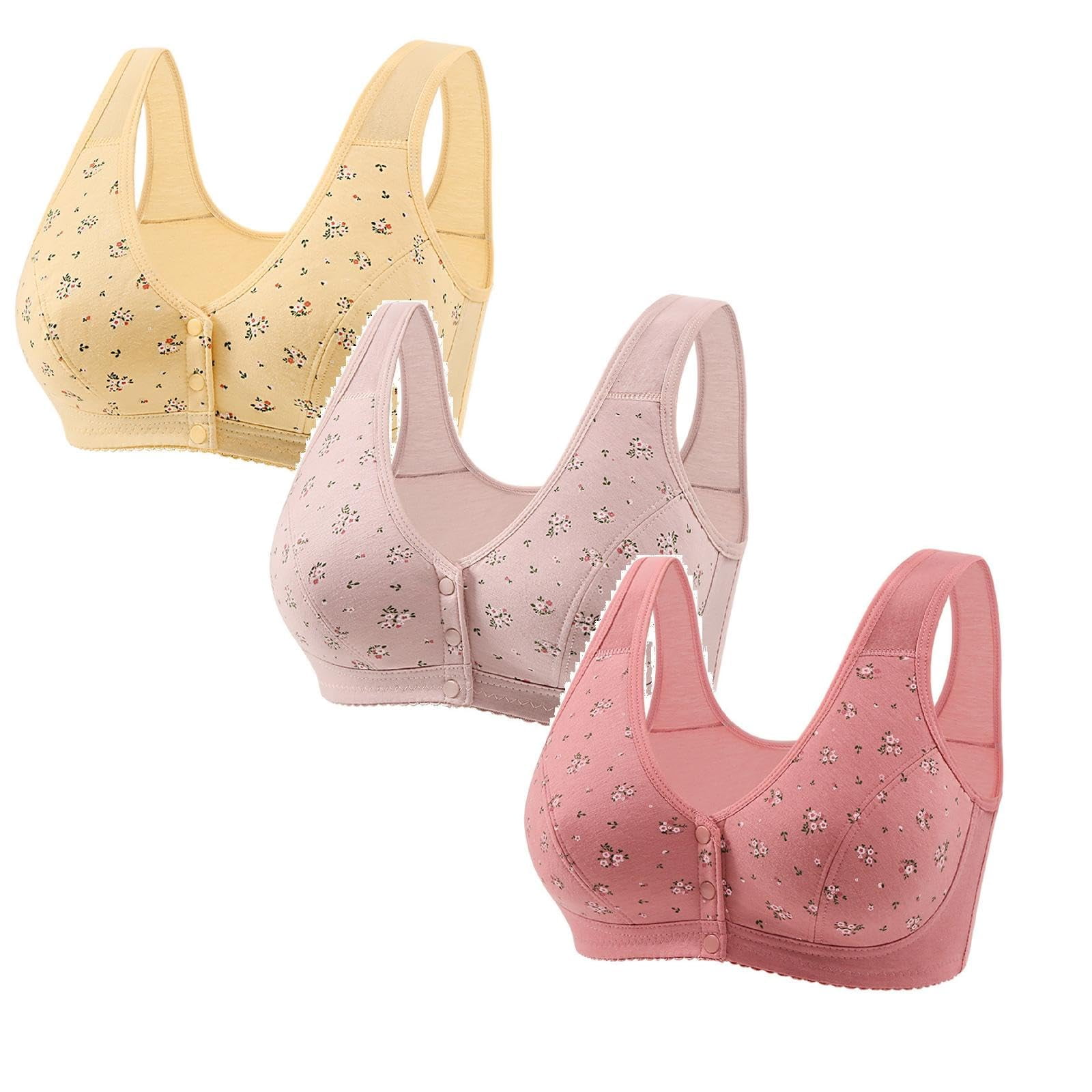 3 Pack Front Fastening Bras for Women UK Daisy Print Wireless Push Up ...