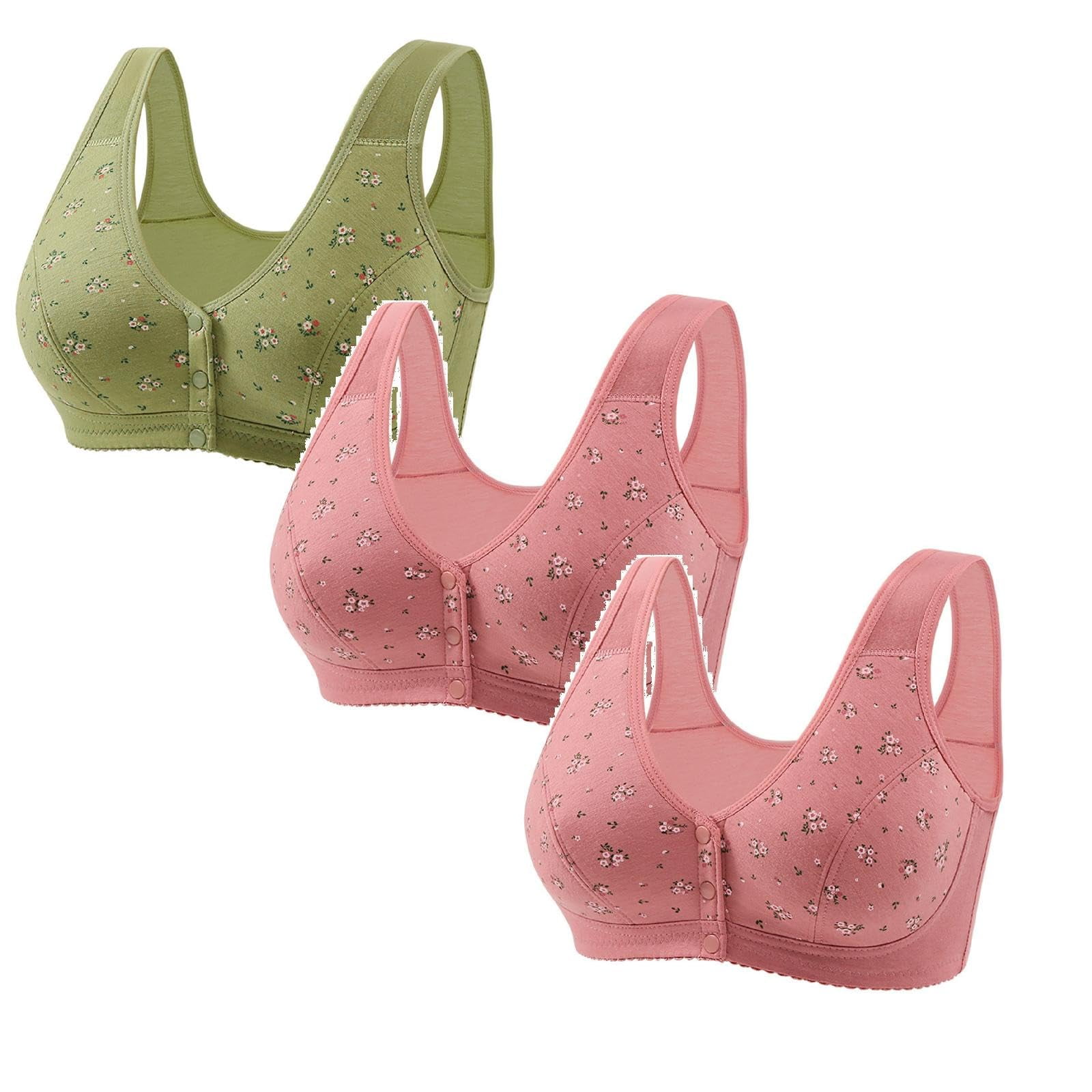 3 Pack Front Fastening Bras for Women UK Daisy Print Wireless Push Up ...