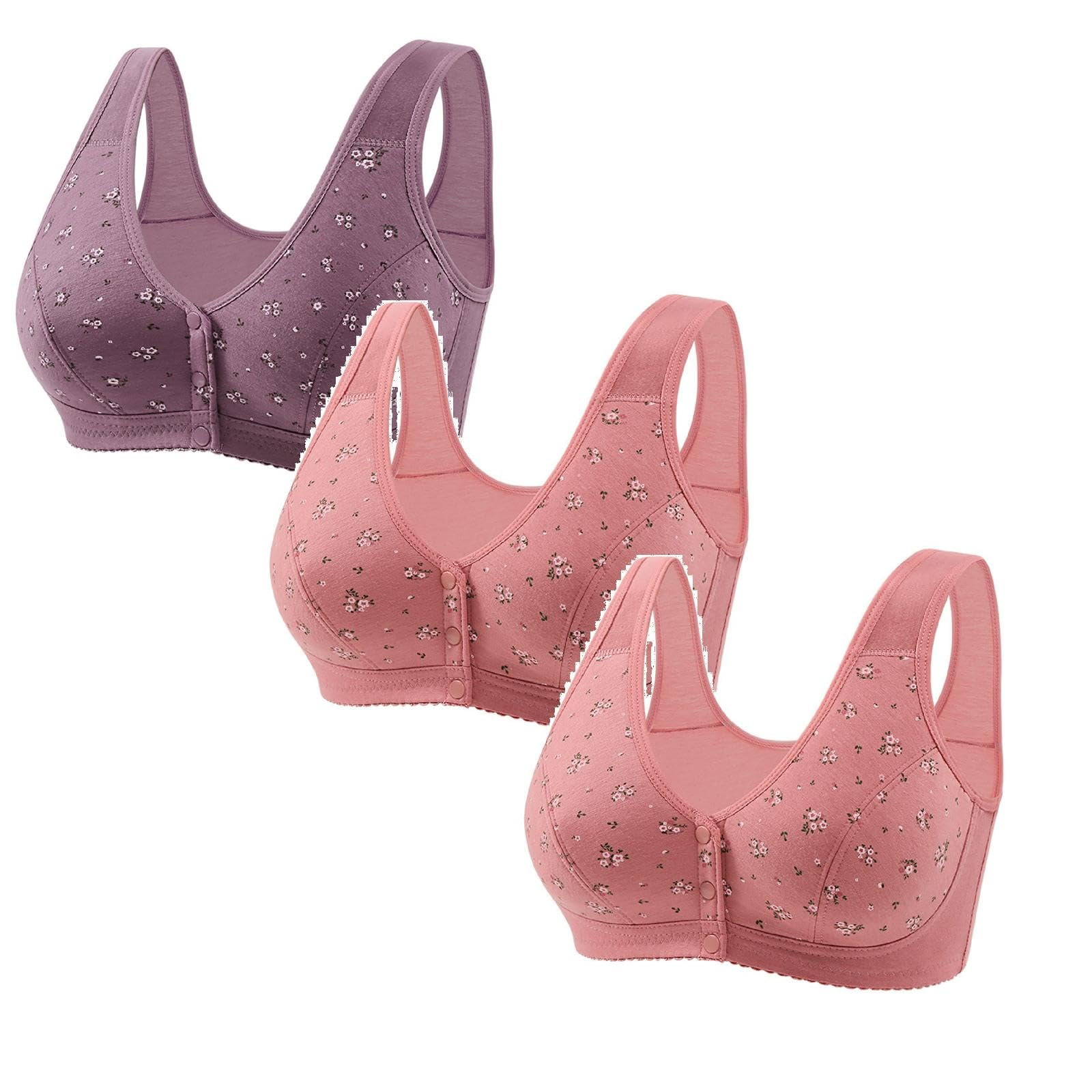 3 Pack Front Fastening Bras for Women UK Daisy Print Wireless Push Up ...