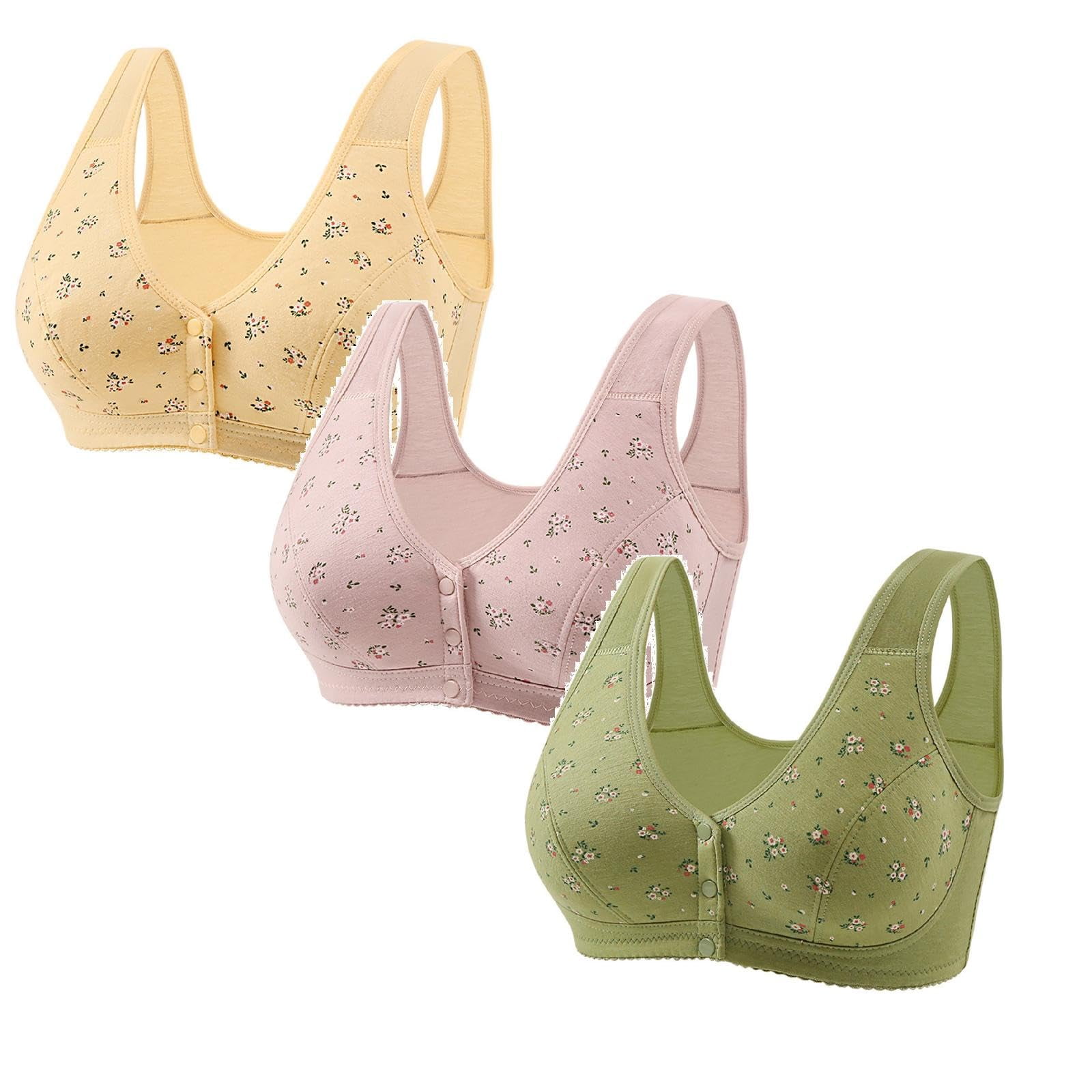 3 Pack Front Fastening Bras for Women UK Daisy Print Wireless Push Up ...