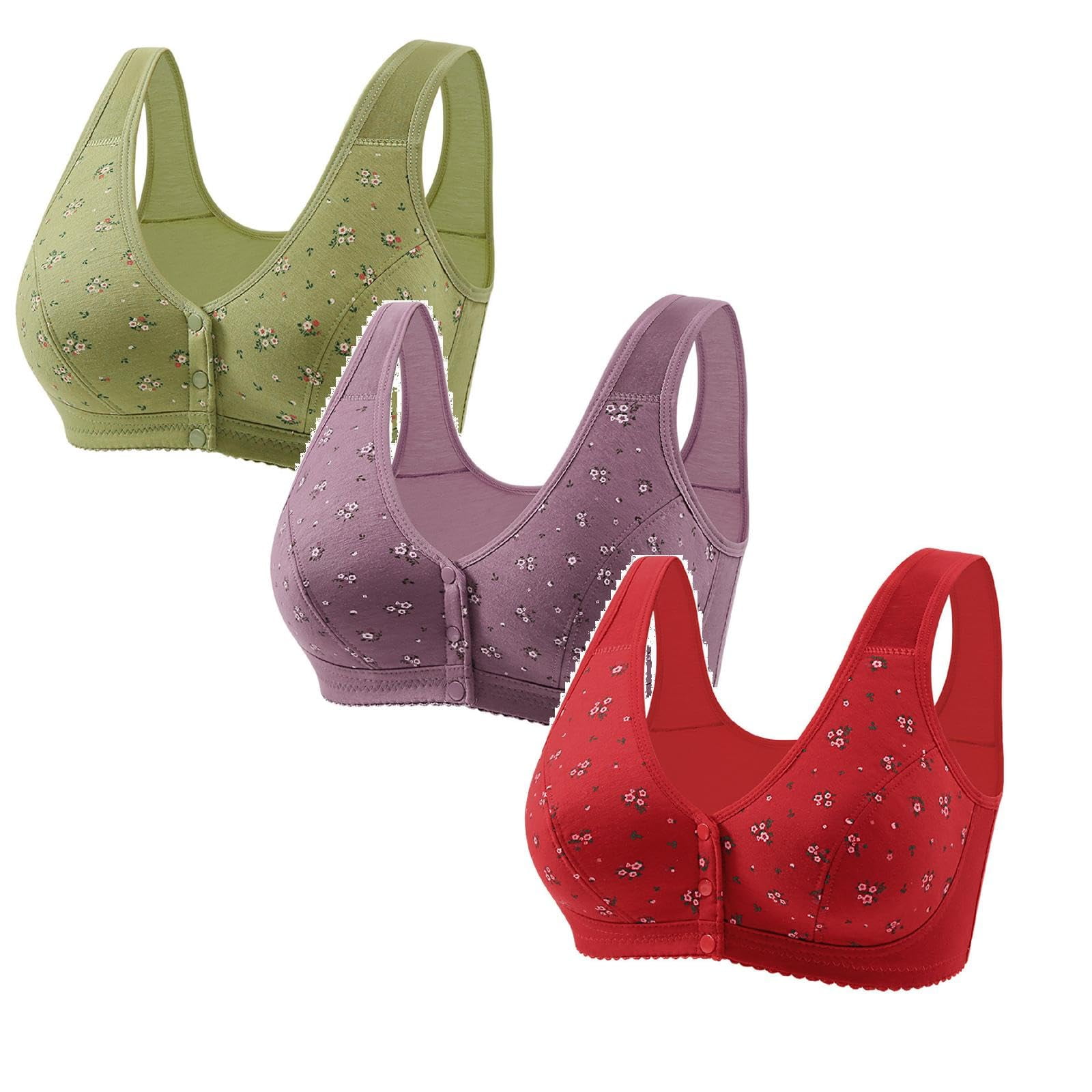 3 Pack Front Fastening Bras for Women UK Daisy Print Wireless Push Up ...
