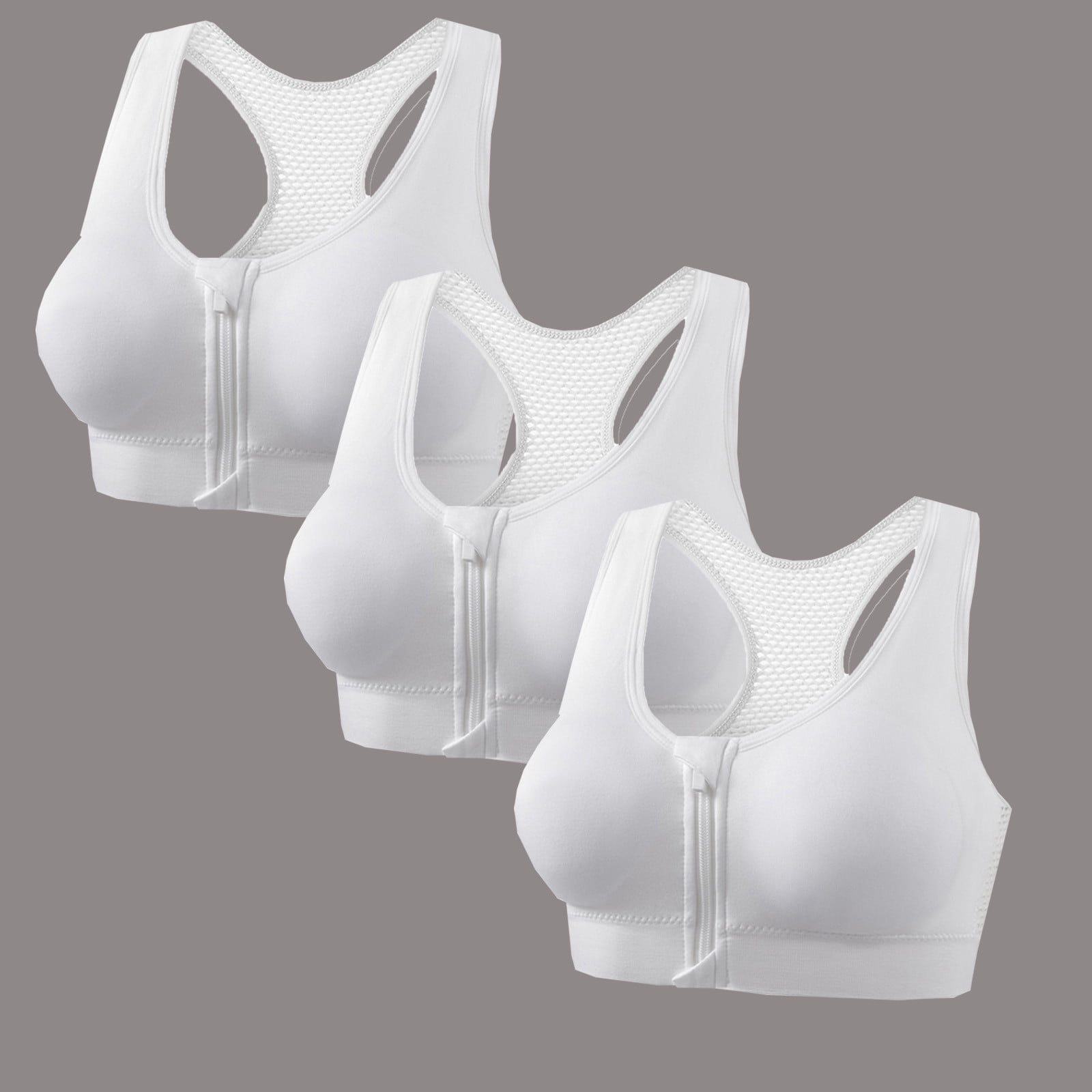 3 Pack Front Zip Racerback Sports Bra, Womens Mesh Back Breathable High ...