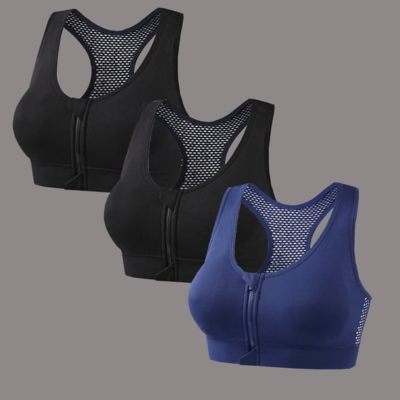 3 Pack Front Zip Workout Bra, Womens Mesh Racerback Breathable ...