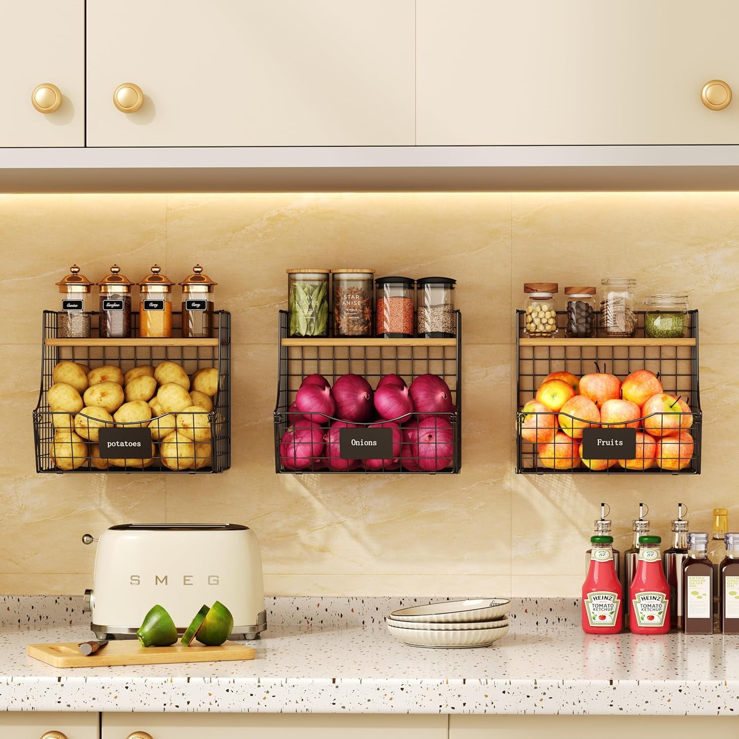 3 Pack Fruit Basket for Kitchen with Wood Lid - Counter&Wall Mounted ...