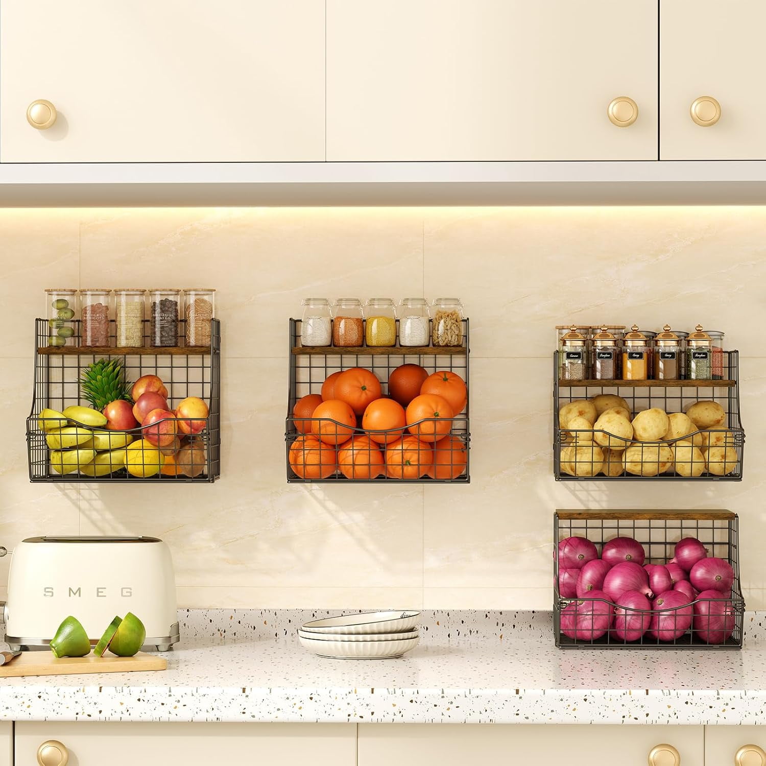 3 Pack Fruit Basket for Kitchen with Wood Lid - Counter&Wall Mounted ...