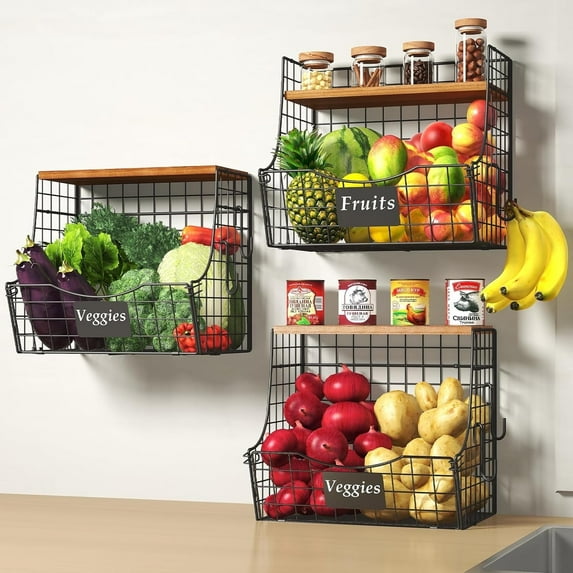 3 Pack Fruit Basket, Stackable Wall Mounted Storage Basket with Wooden ...