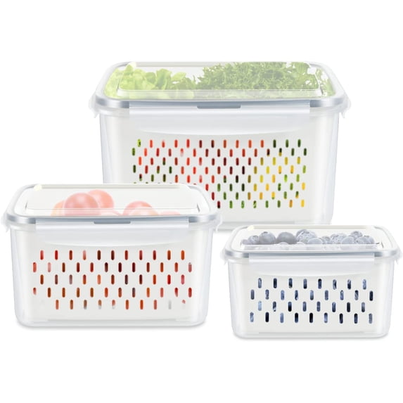3 Pack Fruit and Vegetable Storage Containers for Fridge with Drain ...