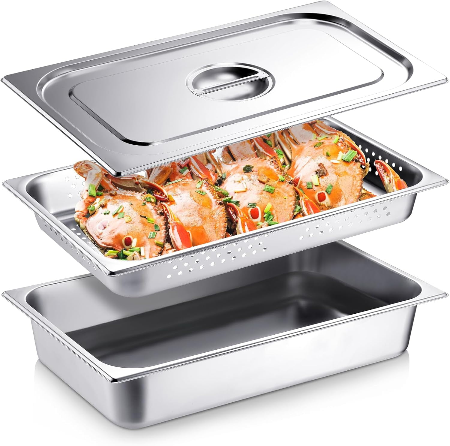 3 Pack Full Size 2.6 Inch, 4 Inch Hotel Pan with Lid Perforated Steam ...