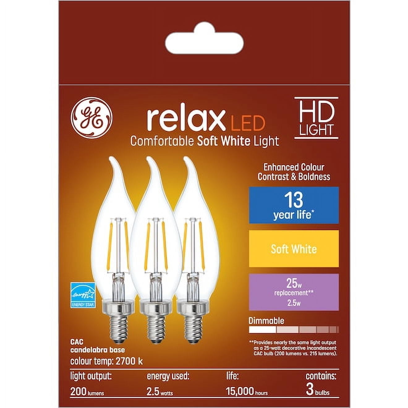 (3-Pack) GE Relax HD LED Bulbs, 2.5W, Dimmable, Clear, Soft White ...
