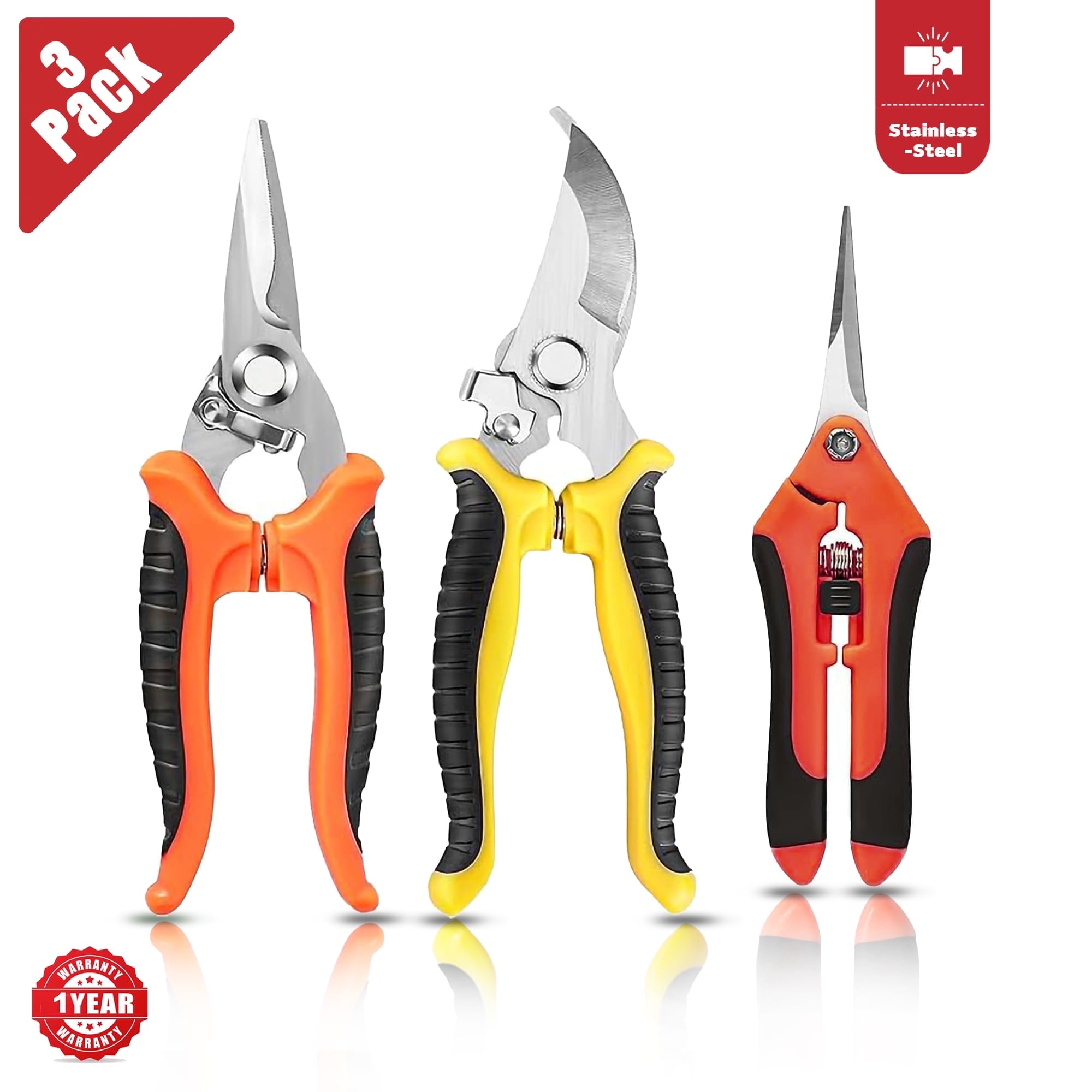 3-Pack Garden Pruning Shears – Stainless Steel Gardening Scissors ...