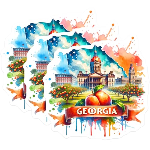 (3 Pack) Georgia Peach Decals - State Capitol - Watercolor Art Decal- 3 ...