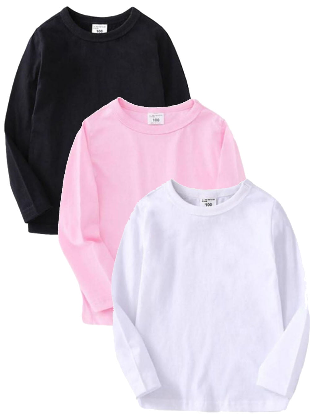 3 Pack Girls Boys Long Sleeve Shirts Soft Cotton Crewneck Girls' Basic ...