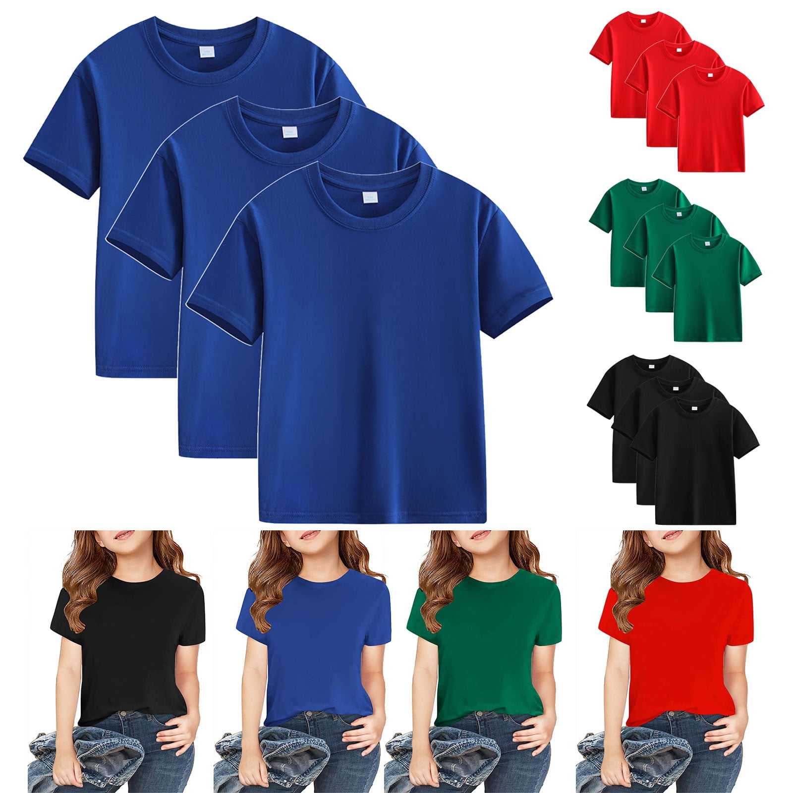 3 Pack Girls Short Sleeve T Shirts Soft Cotton Basic Solid Color Tees ...