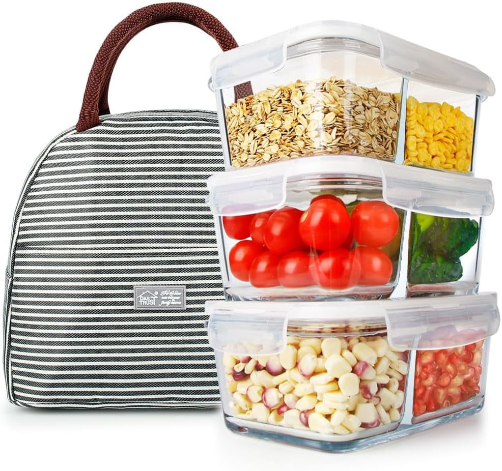 3-Pack Glass Food Storage Containers with 2 Compartments, Glass Meal ...