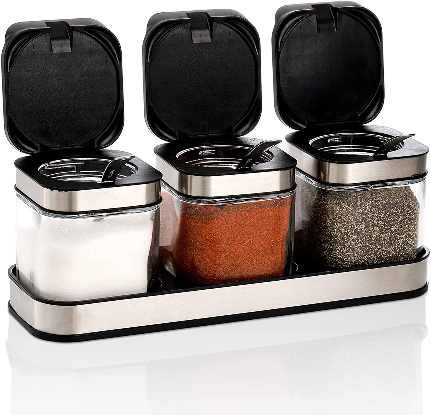 3 Pack Glass Seasoning Box with Tray, Clear Condiment Canister with 18/ ...