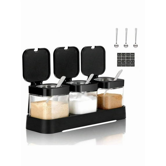 3-Pack Glass Seasoning Storage Box Set with Lid, Spoon & Stickers ...