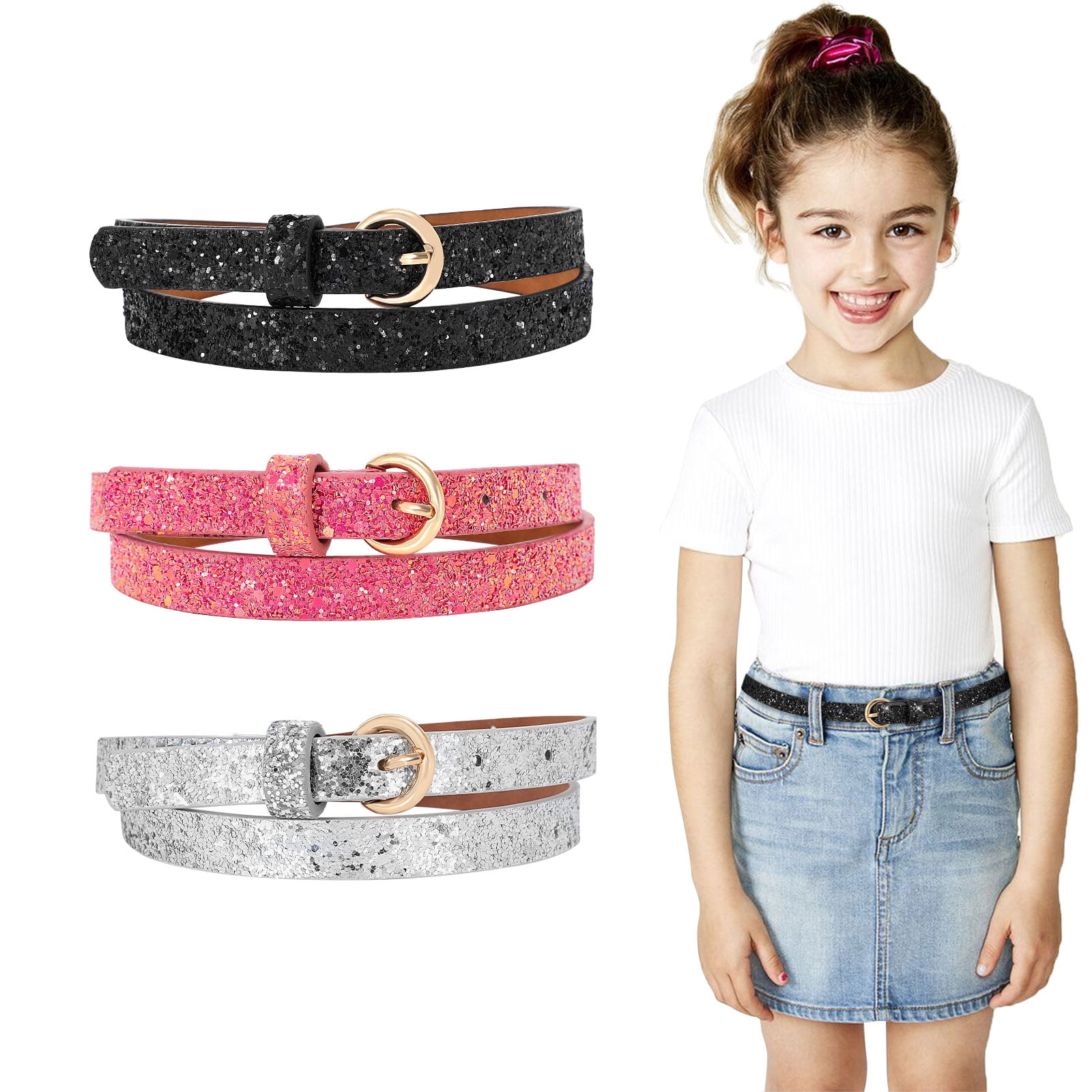 3 Pack Glitter Girls Belt Colorful Kids Skinny Belts for Jeans Dress ...
