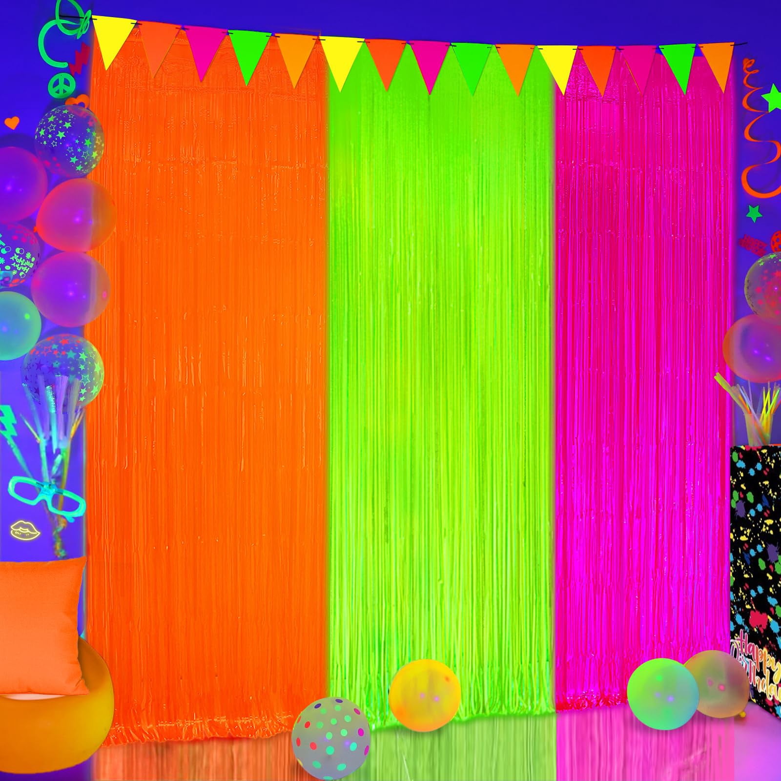 3 Pack Glow PresNok in The Dark Foil Fringe with Banner, Neon Birthday ...