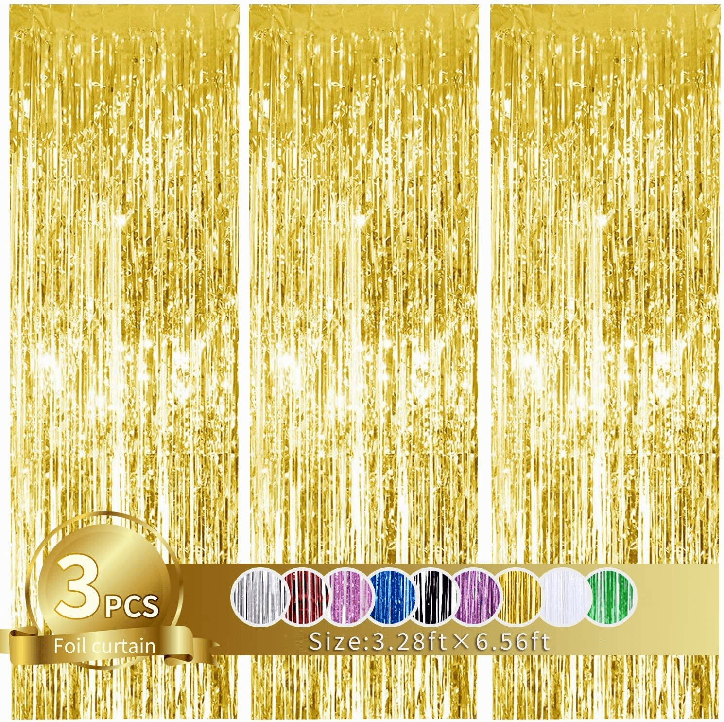 3 Pack Gold Backdrop Curtain 3.2 Ft X 6.56 Ft Gold Foil Fringe Tinsel ...