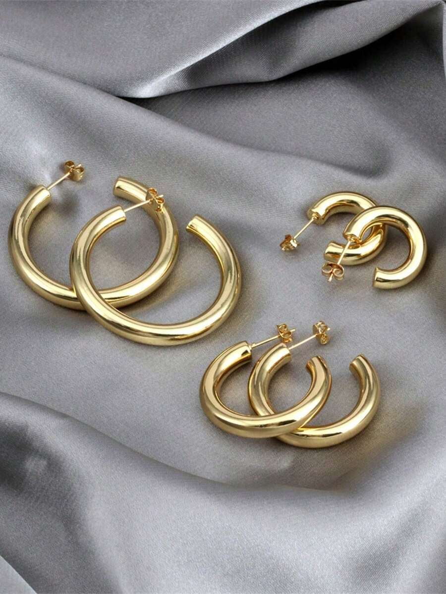 3-Pack Gold C-Hoop Earrings Set - Minimalist Stainless Steel Hoops for ...