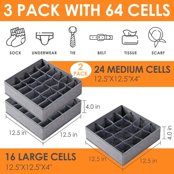 3-Pack Gray 64-Cell Fabric Foldable Drawer Organizer Dividers – 16+24 ...