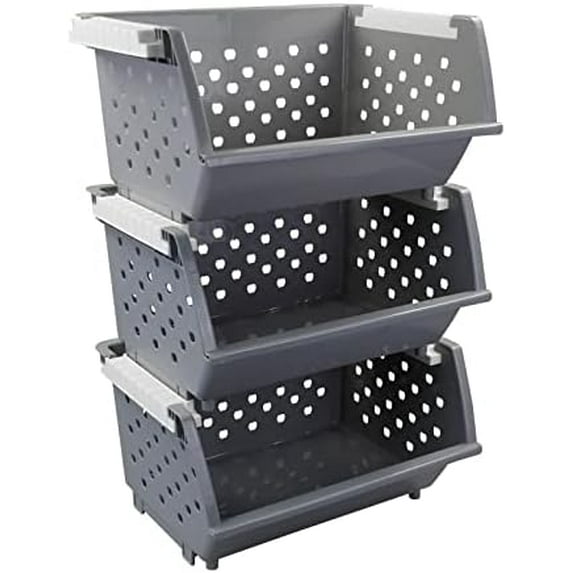 3 Pack Gray Large Stacking Basket Bin, Open Front Stackable Storage ...