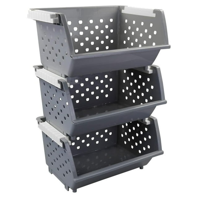 3 Pack Gray Large Stacking Basket Bin, Open Front Stackable Storage ...