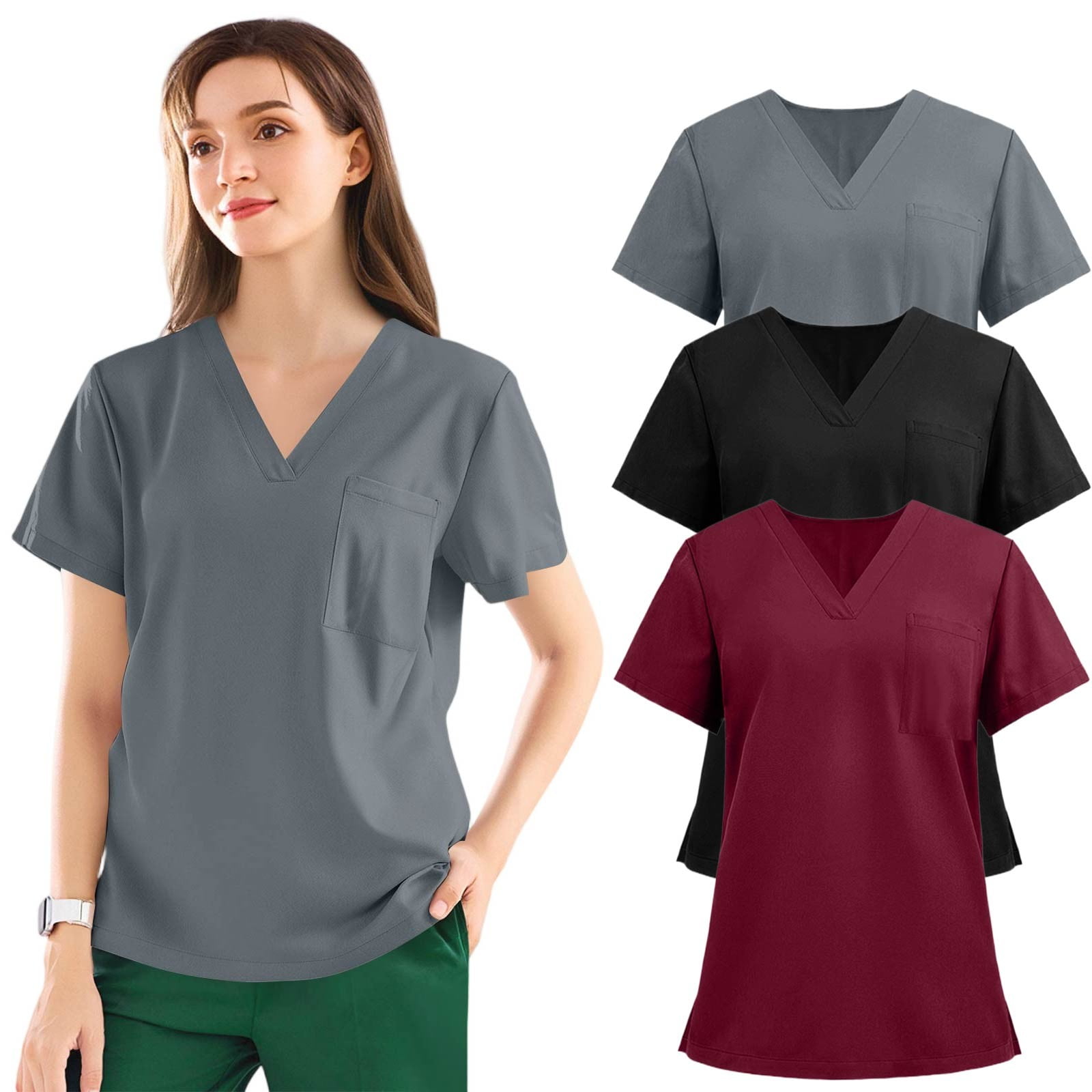 3 Pack Gray Women's Soft V-Neck Medical Scrubs – Stretchy Fabric & 3 ...