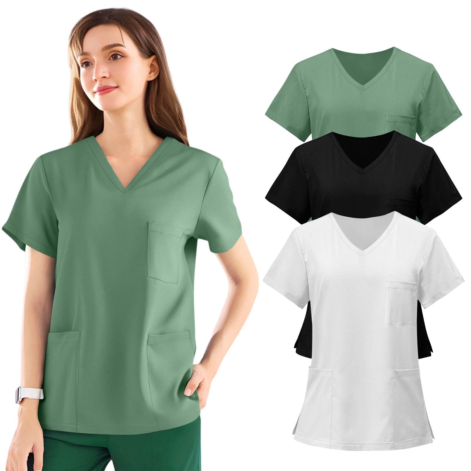 3 Pack Green Scrubs for Women, Soft V-Neck Scrub Tops, Stretchy Medical ...
