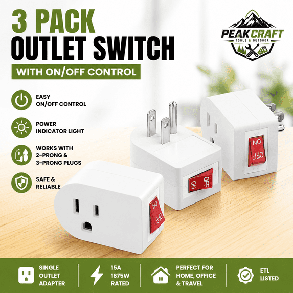 3 Pack Grounded Outlet Switch with On Off Button, Single Plug In Wall ...