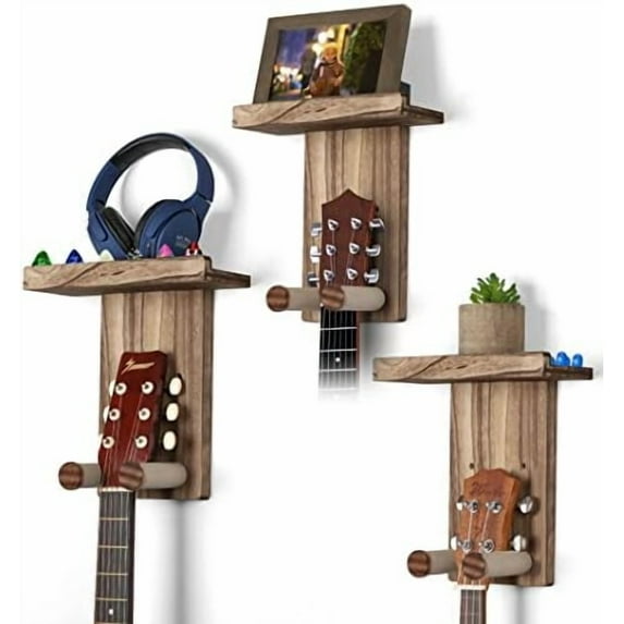 3-Pack Guitar Wall Mount Hangers - Rustic Wood Brown Guitar Stand with ...