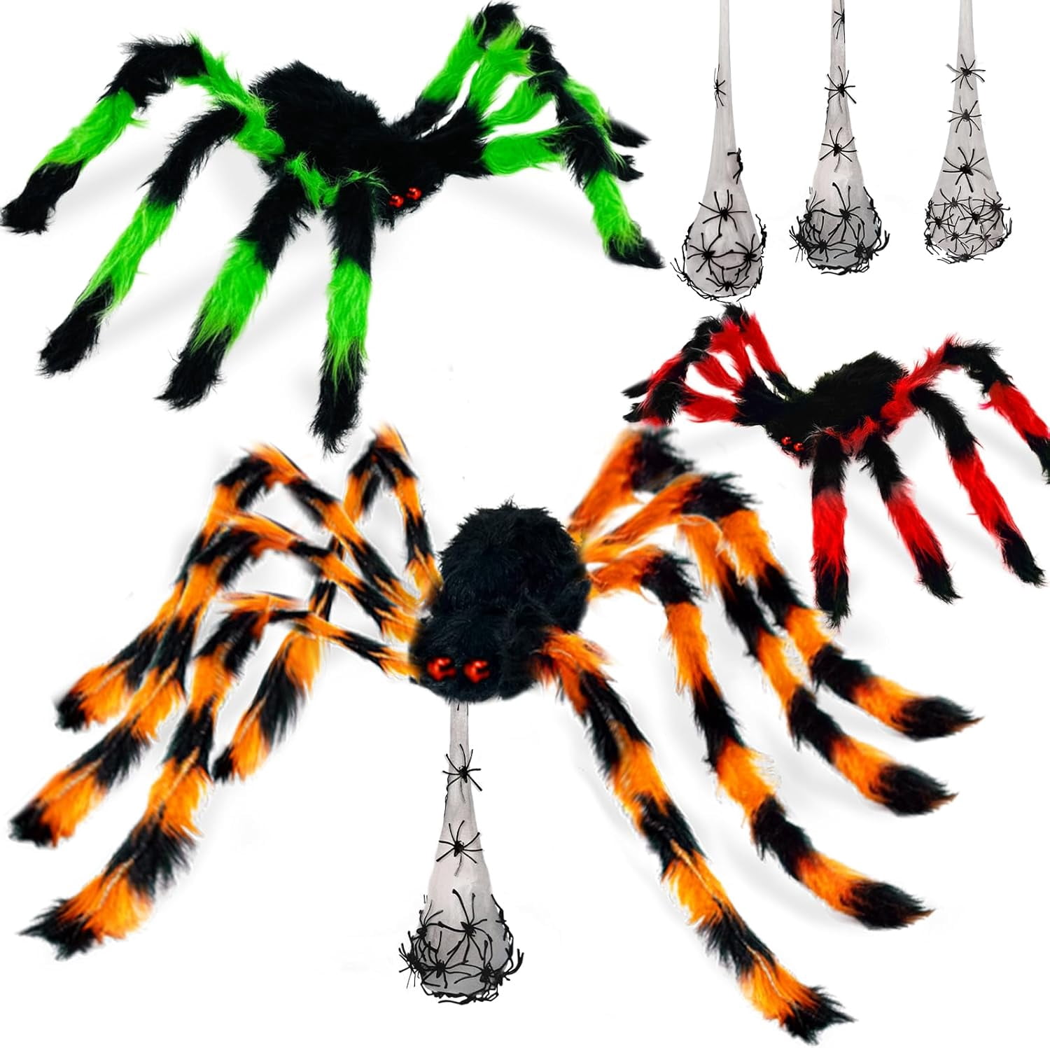 3 Pack Halloween Colorful Hairy Spiders Decorations with Hanging ...