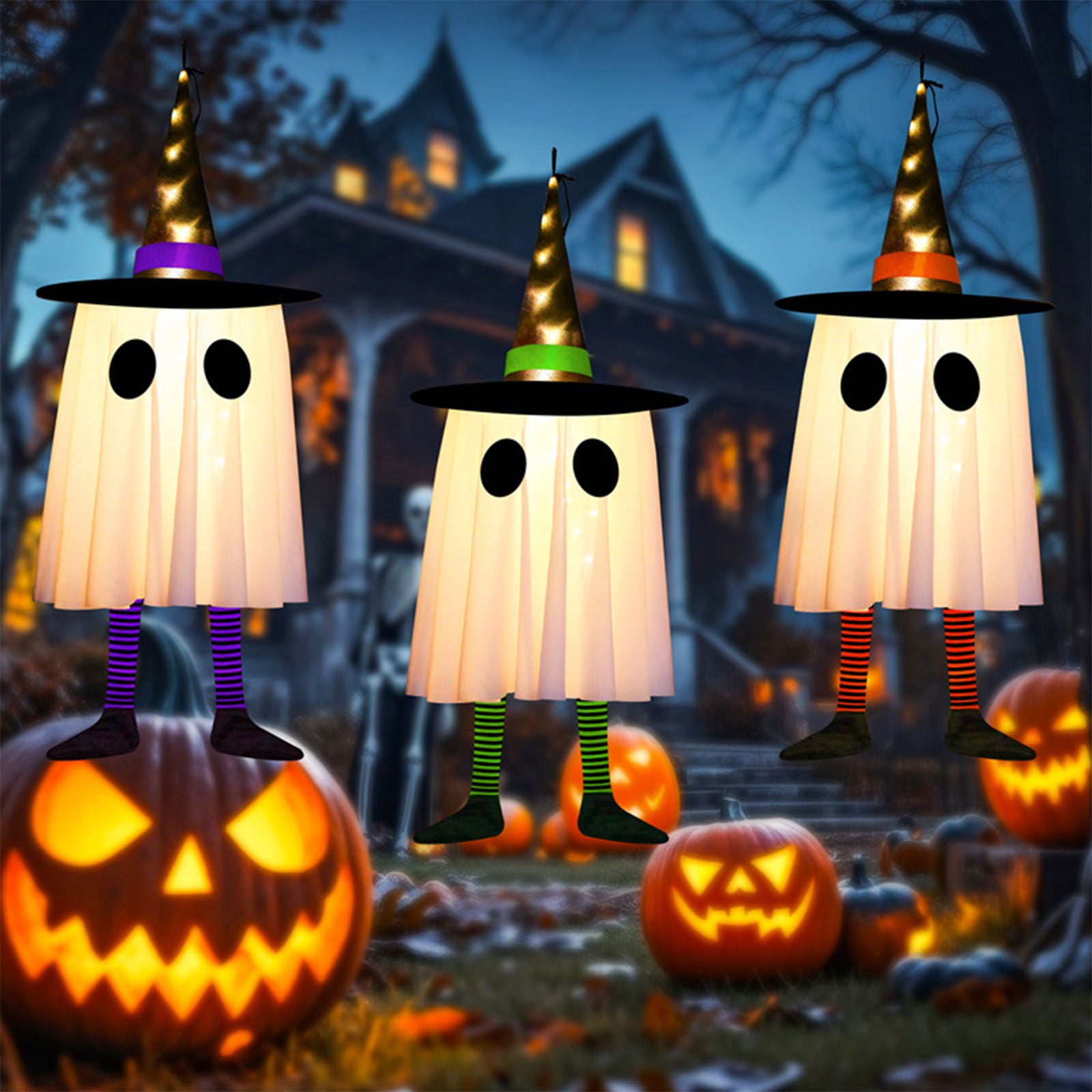 3 Pack Halloween Hanging Ghosts with Witch Hat Ghost Ornaments Glowing ...
