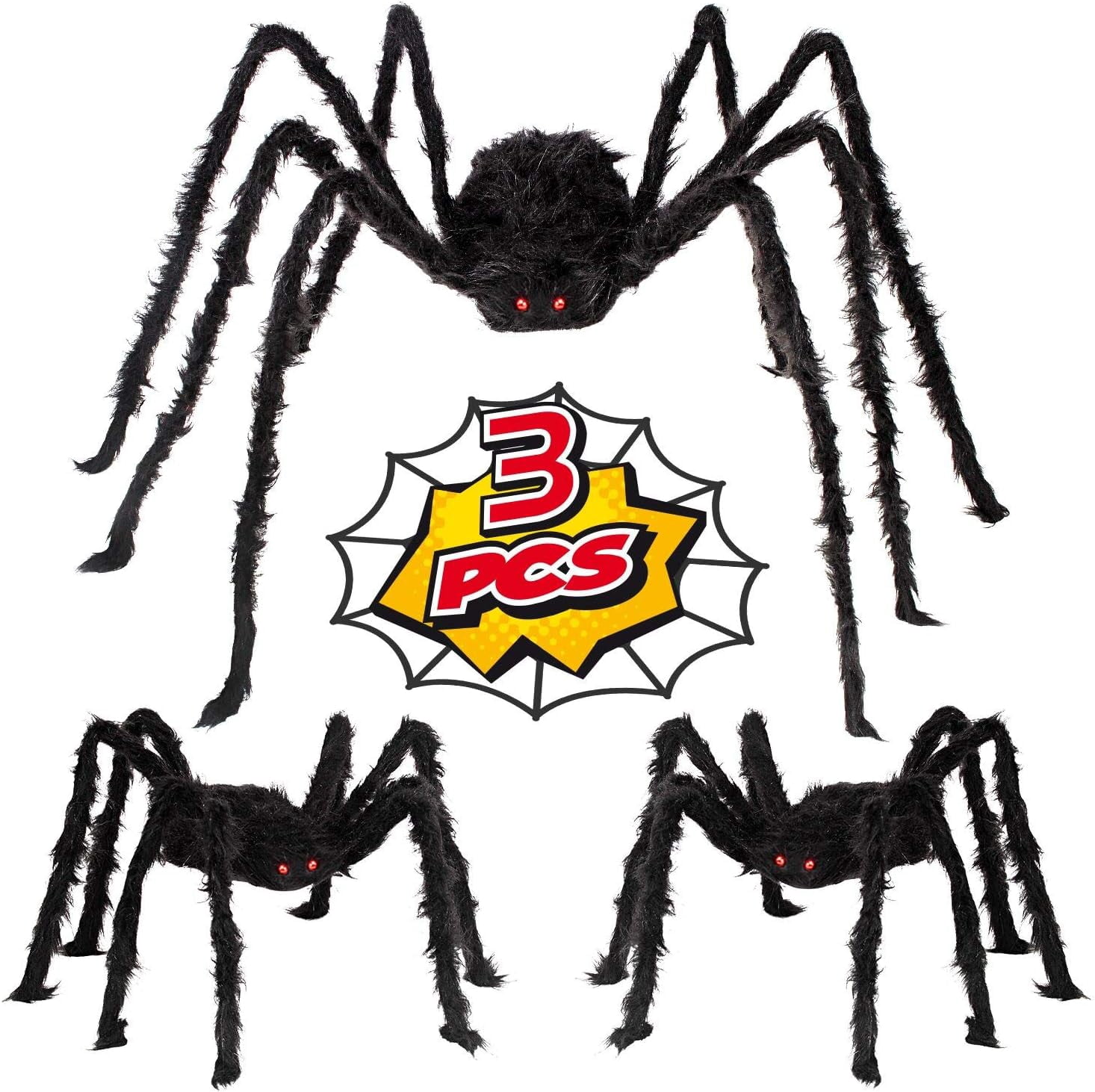 3 Pack Halloween Spider Decor: Large Poseable Spiders with Red Eyes ...
