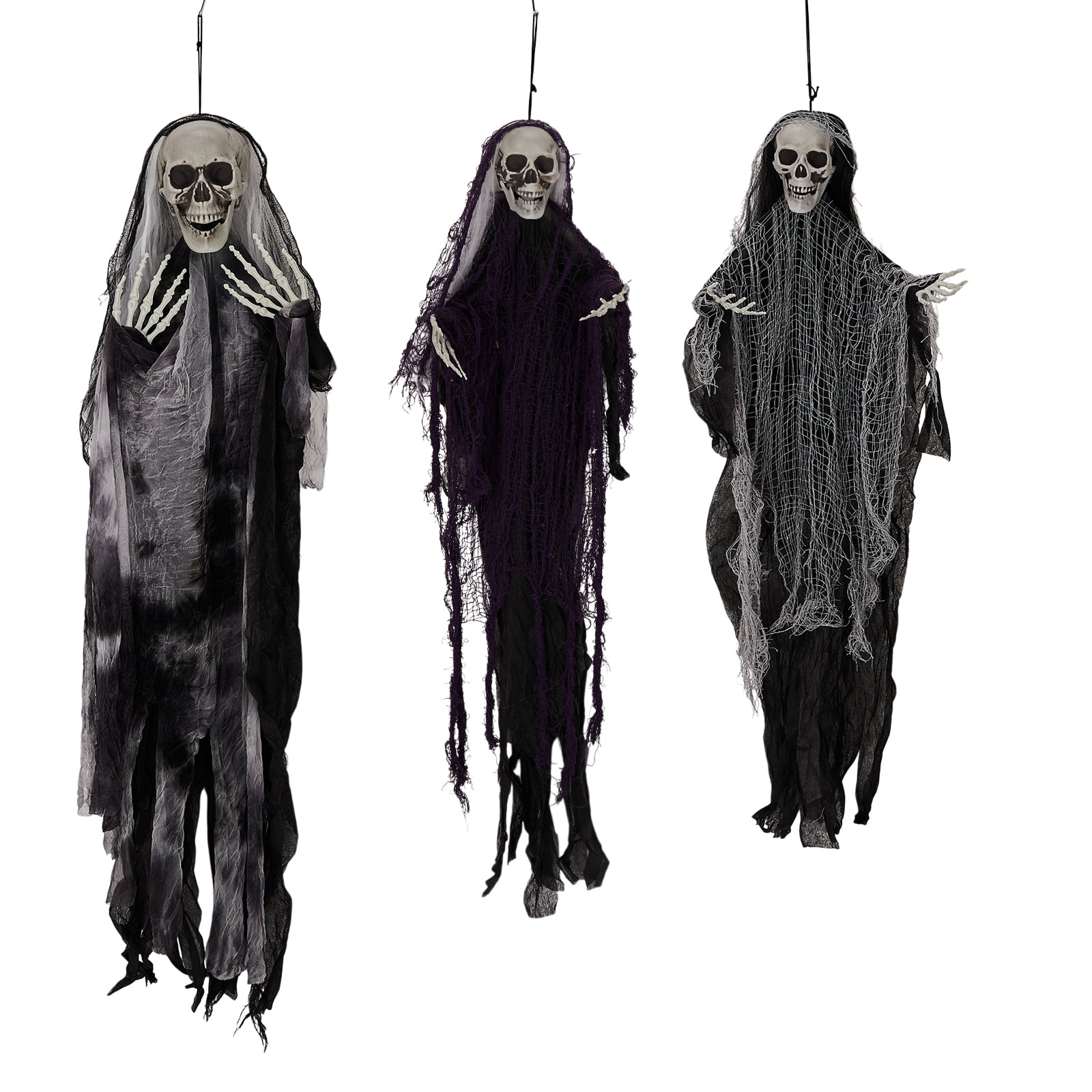 3-Pack Hanging Halloween Skeleton Ghosts Decorations - 4.6FT & 3FT Grim Reapers with Adjustable ...