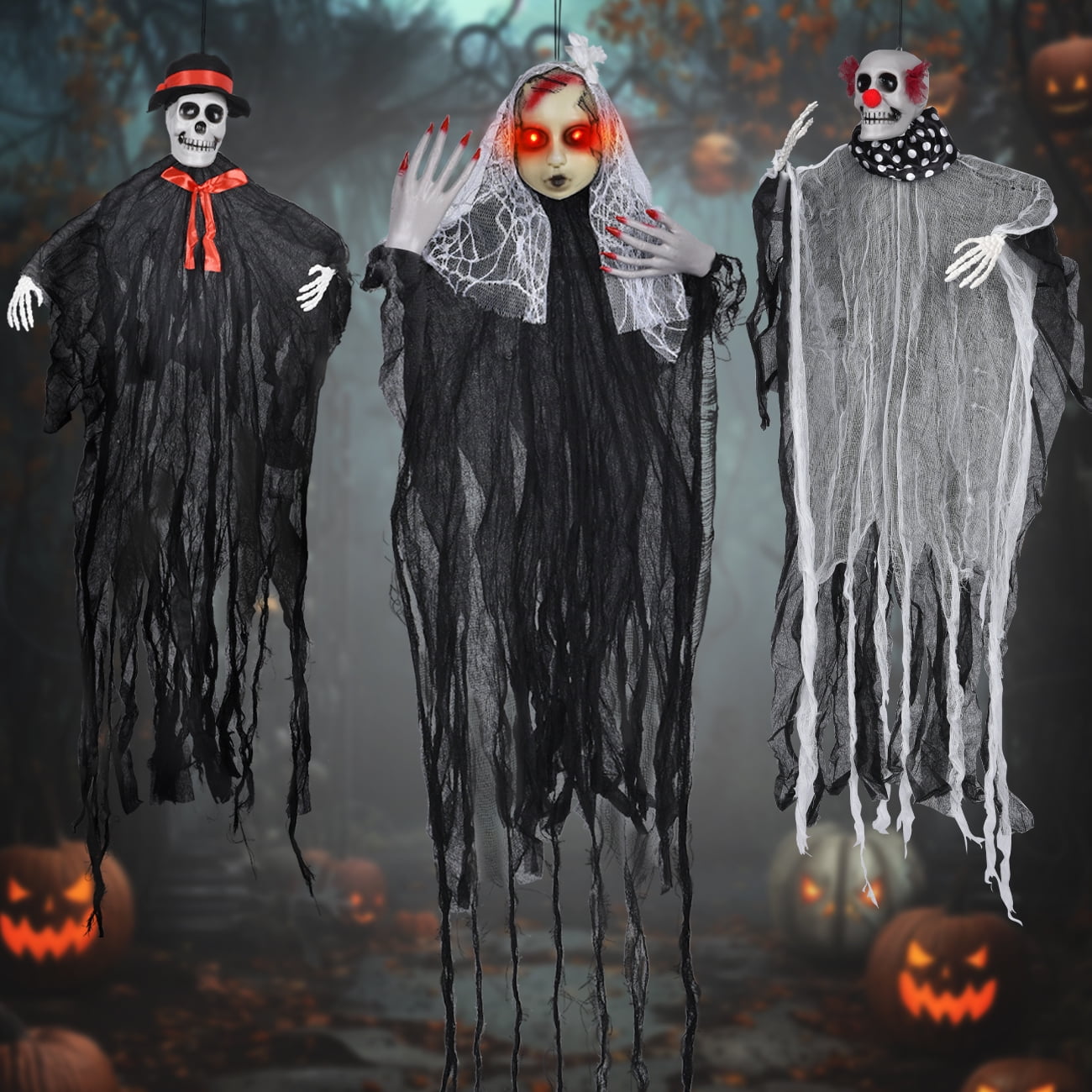 3 Pack Hanging Halloween Skeleton Ghosts Decorations, Scary Grim Reaper ...