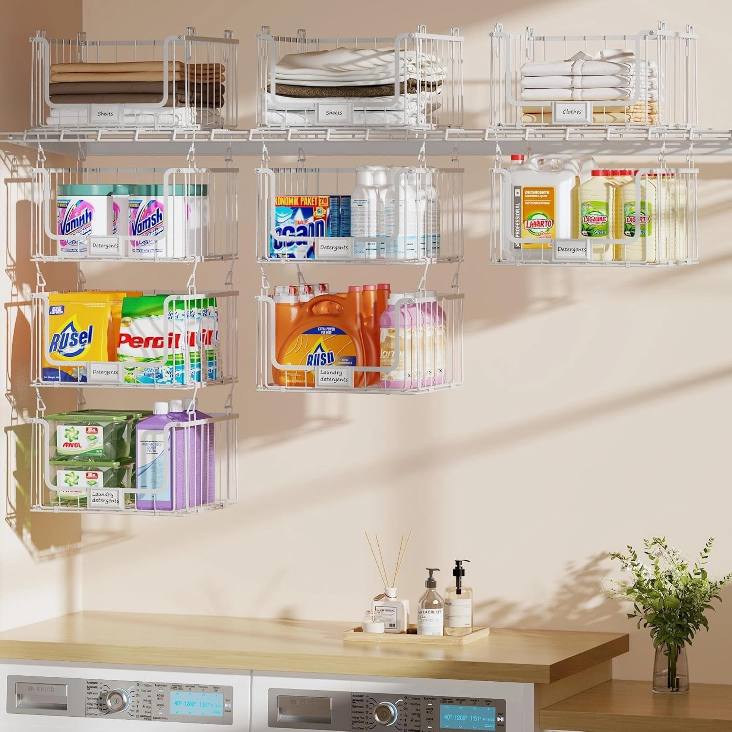 3-Pack Hanging Laundry Organizer, Stackable Wire Shelf Storage with ...