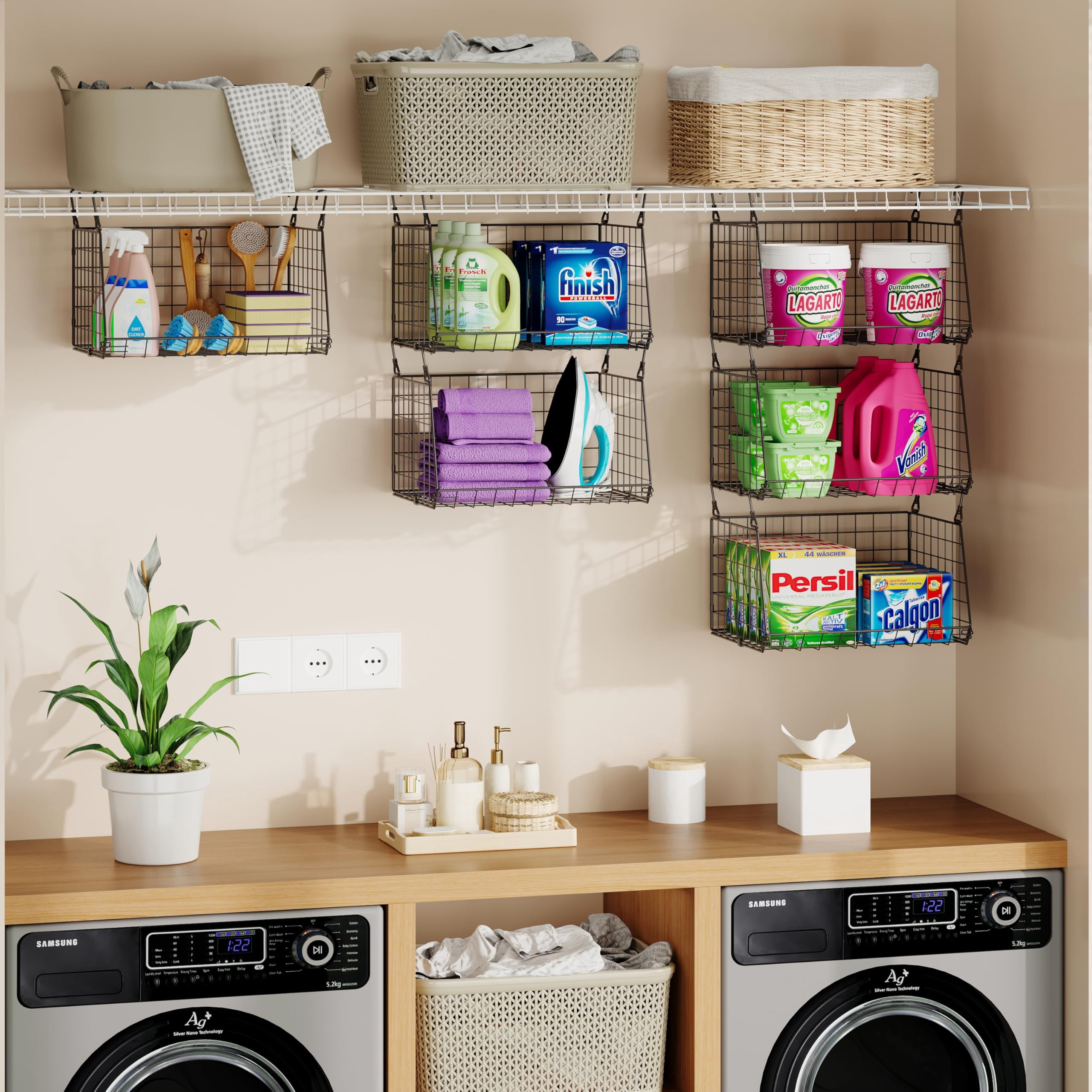 3-Pack Hanging Laundry Room Organizaton：Foldable Laundry Basket Wire ...
