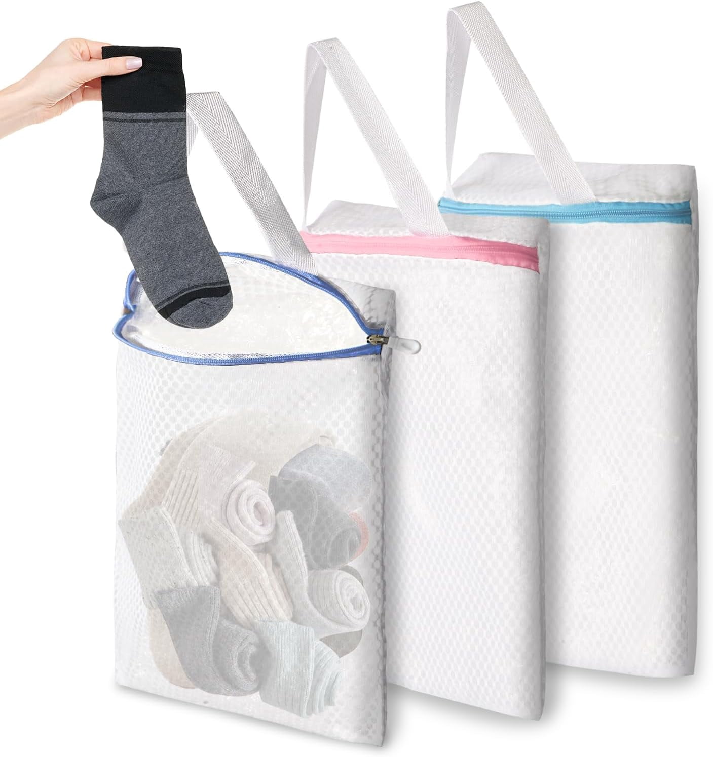 3 Pack Hanging Mesh Laundry Bags with S Hooks, 10x12 Inch Socks Wash ...