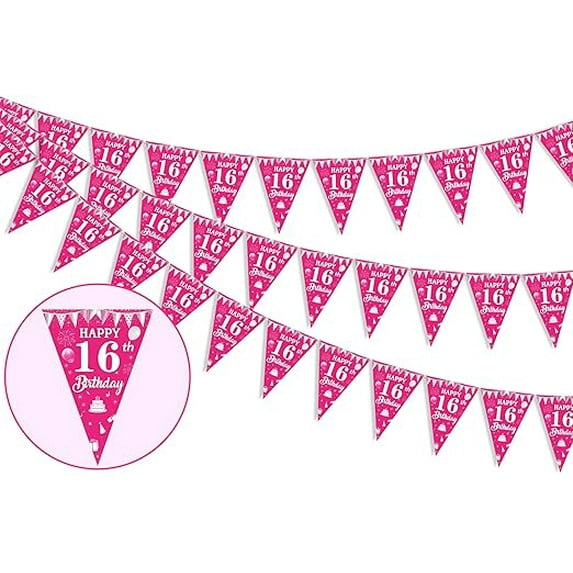 3 Pack Happy 16th Birthday Bunting Banner, Hot Pink Triangle Flag ...