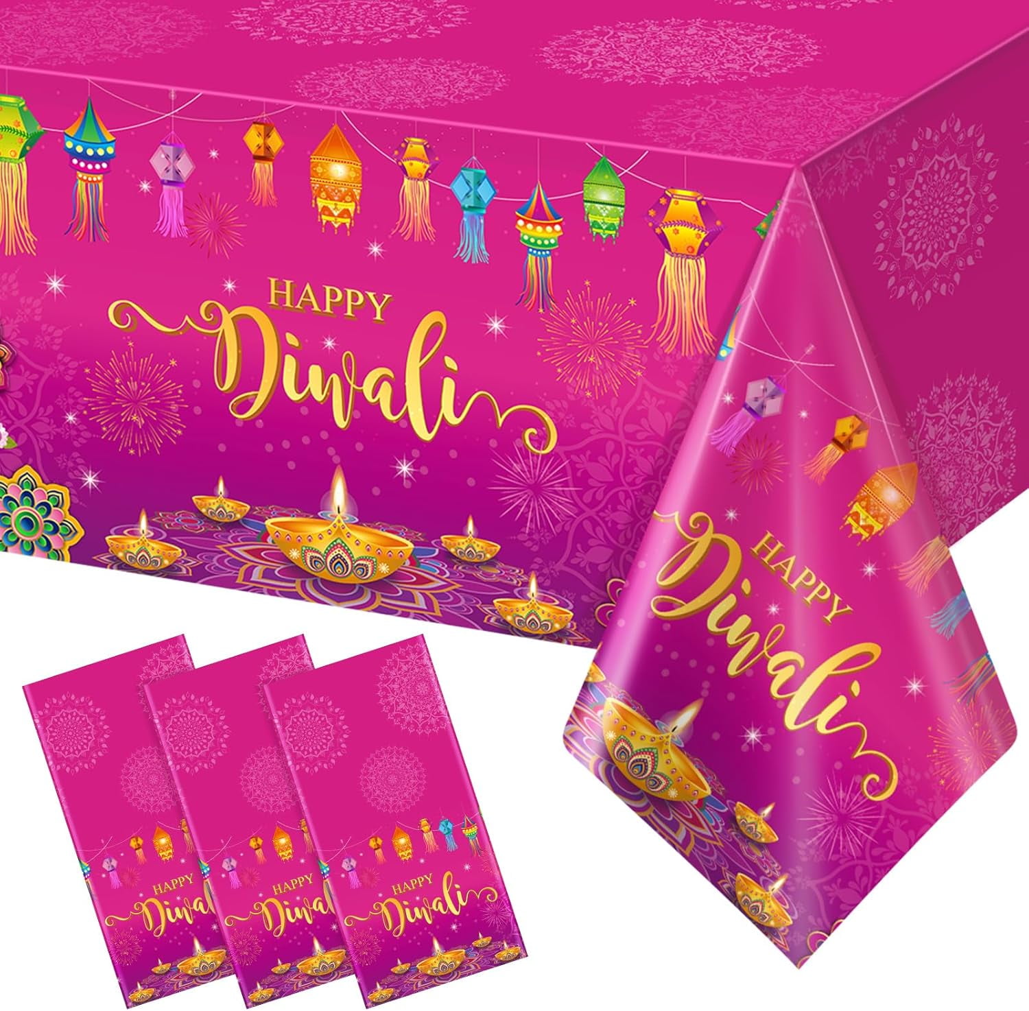 3 Pack Happy Diwali Disposable Tablecloth, Festival of Lights Plastic ...