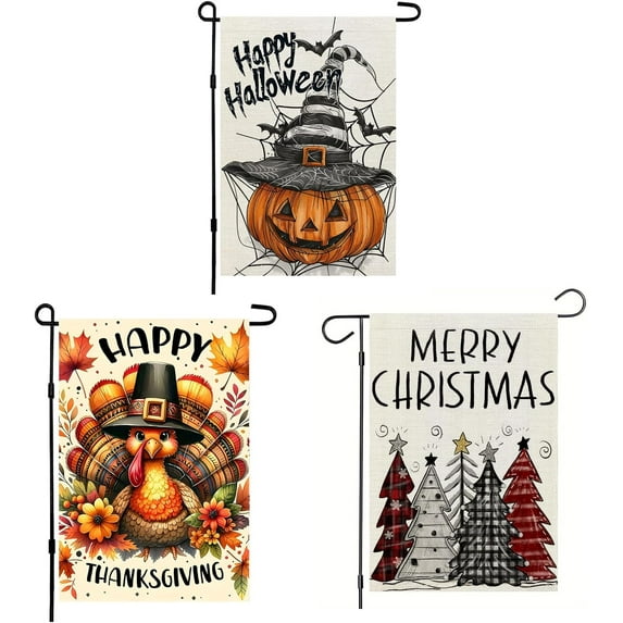 3 Pack Happy Halloween Thanksgiving Christmas Garden Flag12 x 18 inch ...