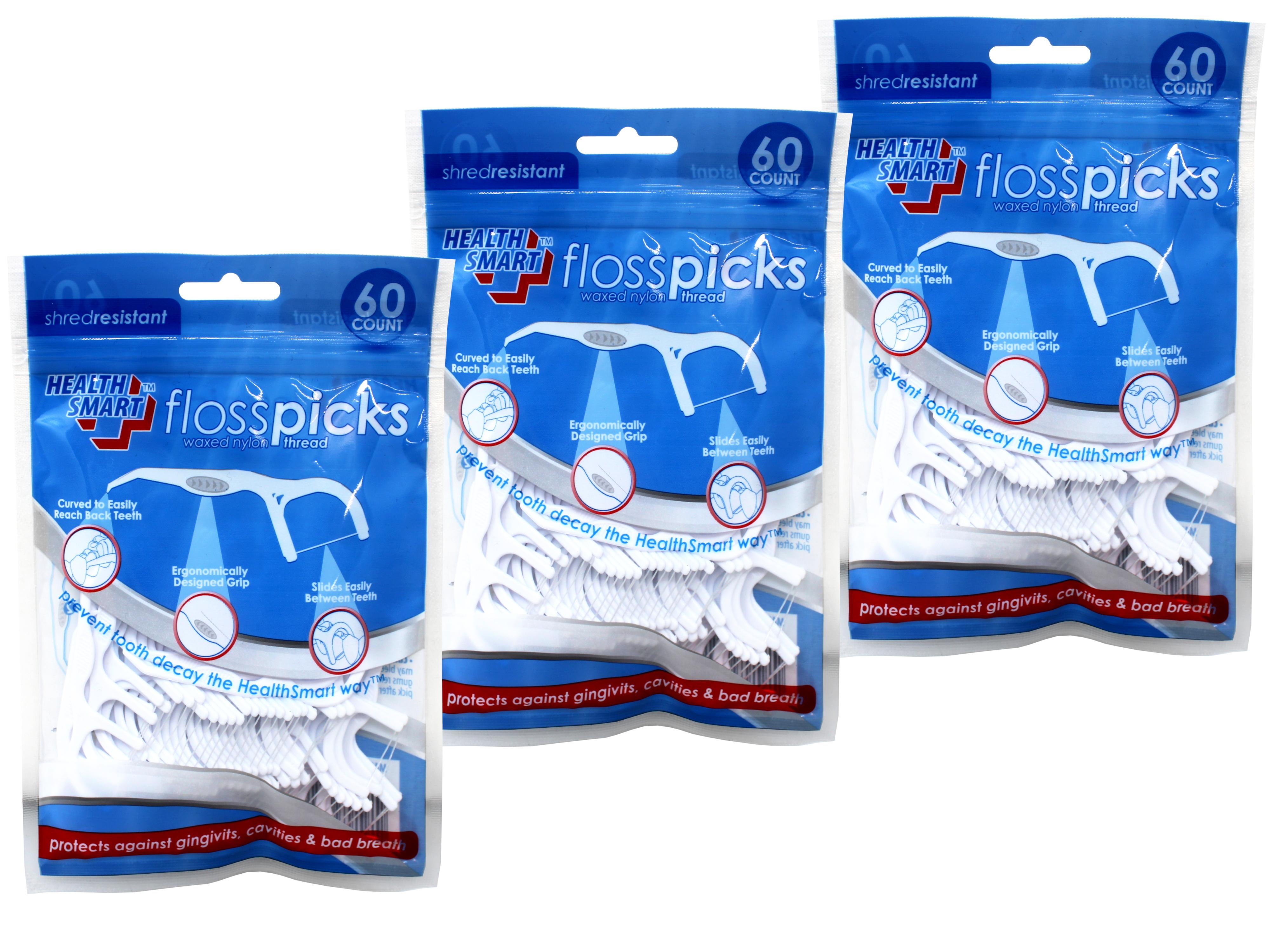 3 Pack - Health Smart Floss Picks, Waxed Nylon Thread, Protects against ...