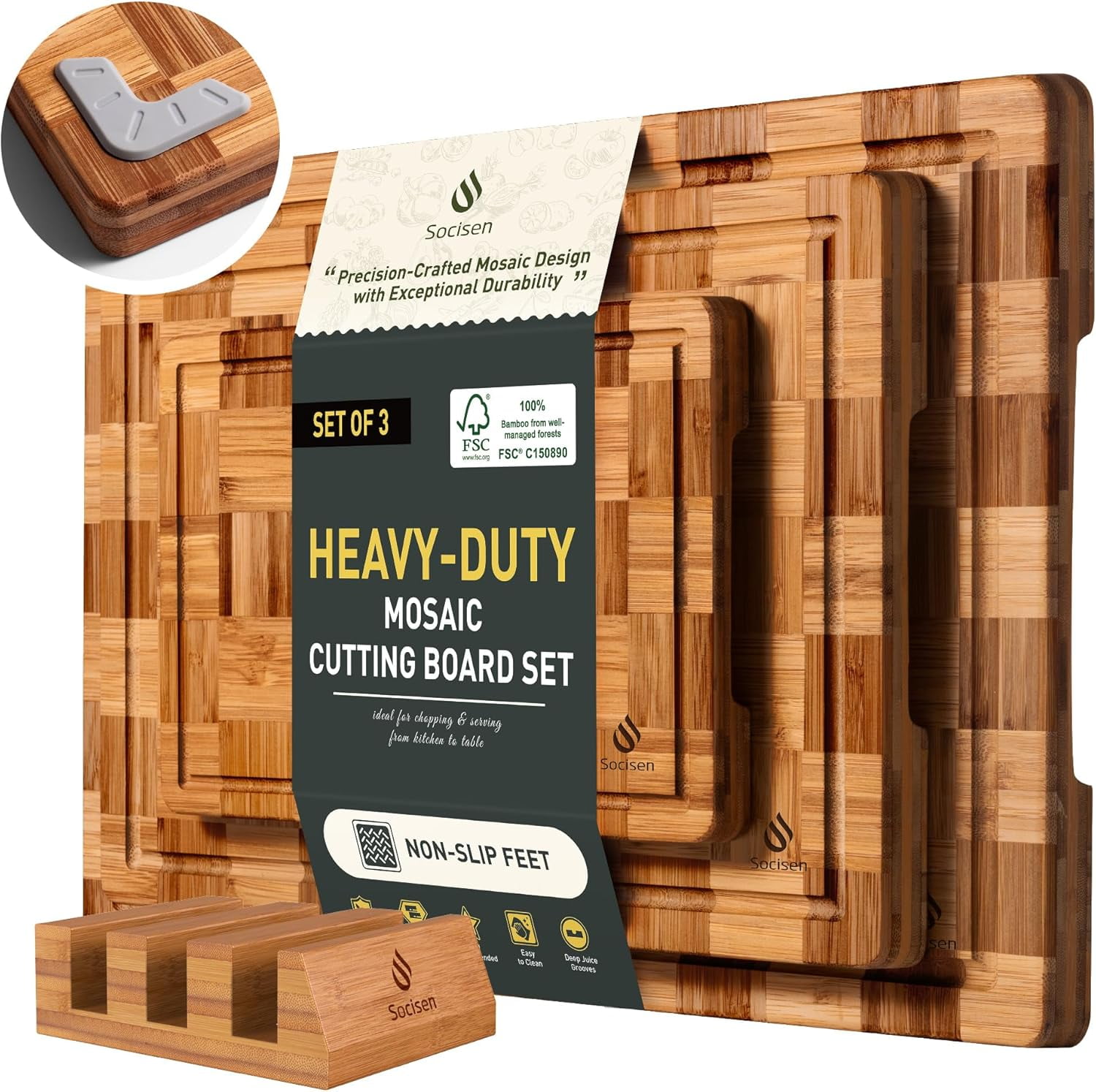 3 Pack Heavy Duty Bamboo Cutting Board Set Non Toxic Wooden for Kitchen ...