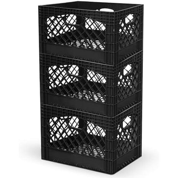 3-Pack Heavy Duty Plastic Milk Crates with Handles, Black, 24 Quart ...