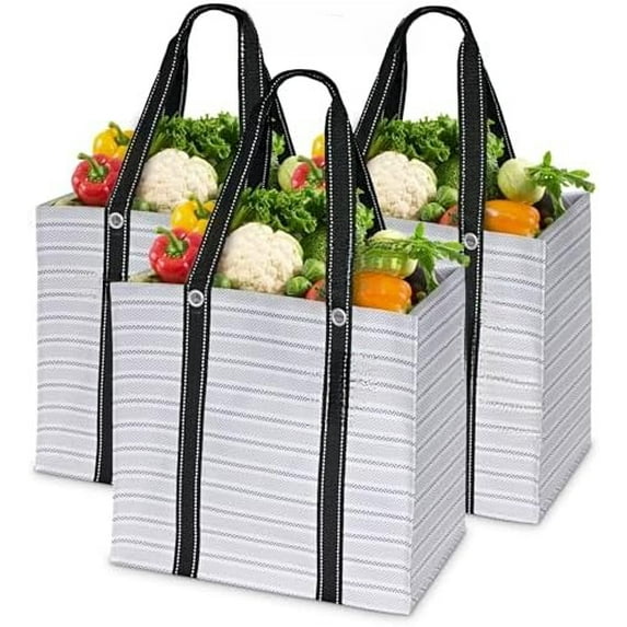 3 Pack Heavy Duty Reusable Grocery Bags with Hard Bottom & Strong ...