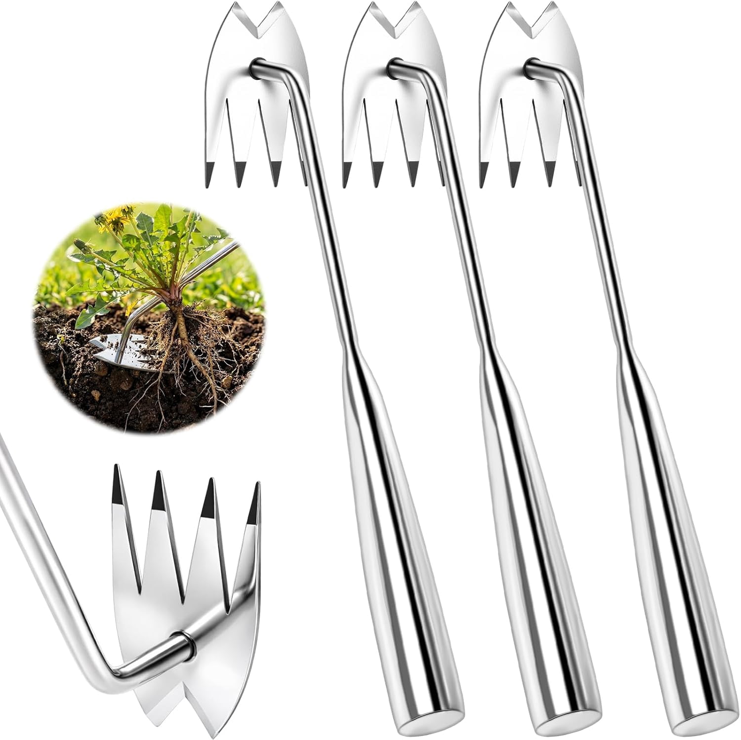 3 Pack Heavy Duty Stainless Steel Weed Puller Tools 4 Tooth V Head ...